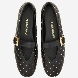 Ferragamo Womens Ballerina Flats Nappa Leather Black