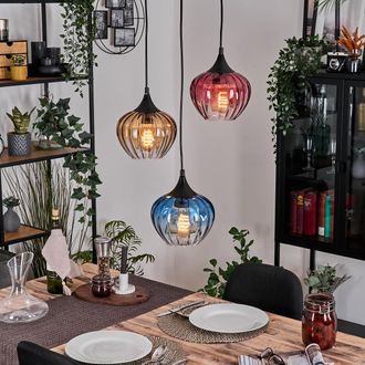 HOFSTEIN Hängeleuchte Ballebro, 3-flammige Hängelampe aus Metall/Glas in Schwarz/Rot/Blau/Bernstein/Klar, Vintage-Design (Ø 18 cm), E27, Pendelleuchte verstell