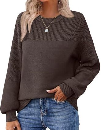 Generic Pull d&eacute;contract&eacute; &agrave; manches longues pour femme - Col rond - Couleur unie - Pull d&eacute;contract&eacute; en tricot, caf&eacute;, XXL