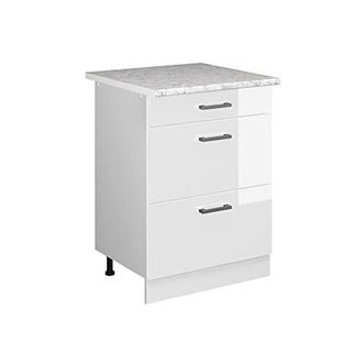 Vicco Meuble Cuisine R-Line, Blanc Haute Brillance/Blanc, 60 cm avec tiroirs, PT Marbre