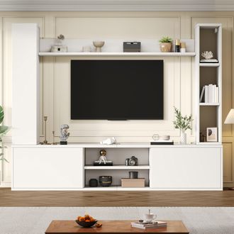 Generic TV Wohnwand Set mit Vitrinen Mediawand inkl.TV-Board Standregal und 2 Wandregal TV-Schrank Stehend H&auml;ngend f&uuml;r bis zu 80 Zoll Fernseher f&uuml;r Wohnzimmer