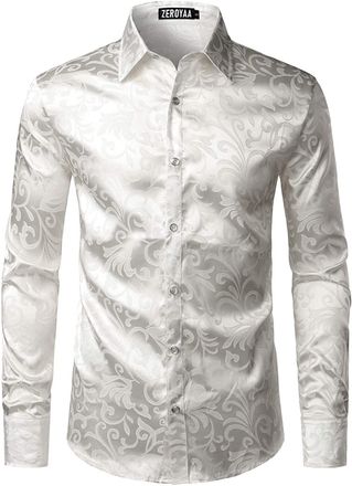 PARKLEES Luxuri&ouml;ses Jacquard-Langarmhemd f&uuml;r Herren, schmale Passform, Satin, seidig, Blumenmuster, f&uuml;r Hochzeit, Party, Abschlussball, elfenbeinwei&szlig;, M