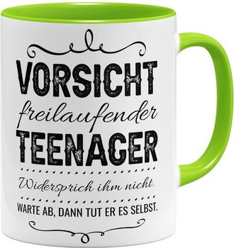 OM3 witzige Kaffee-Tasse mit Spruch - Vorsicht freilaufender Teenager - Keramik Becher - 11oz 325ml - Beidseitig Bedruckt - Hellgr&uuml;n