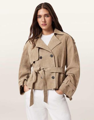 AllSaints Reed - Trench-coat court en daim avec ceinture - Taupe-Brown