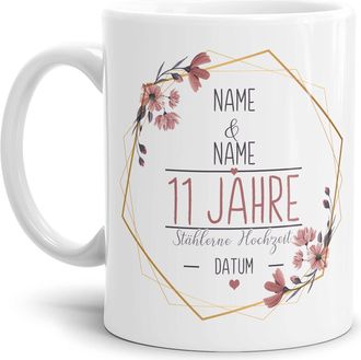 Tassendruck Tasse zum Hochzeitstag Stählerne Hochzeit - mit Name & Datum selbst gestalten - 11 Jahre Ehe, Paar, Geschenk Hochzeit, Jubiläum, Jahrestag I Personali