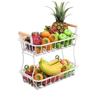 Relaxdays Obstkorb 2-st&ouml;ckig, Obstschale f&uuml;r die K&uuml;che, Metallkorb f&uuml;r Obst und Gem&uuml;se, Griffe, Metall & Holz, wei&szlig;