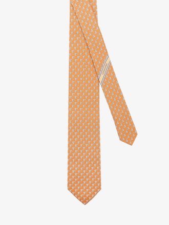 Ferragamo Mens Silk Tie With Owl Print Orange Ties & Bow