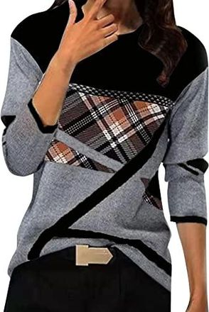 Generic Haut &agrave; manches longues pour femme - Tunique de f&ecirc;te tendance - Col rond - T-shirt basique polyvalent - Chemisier vintage imprim&eacute; confortable - Coupe a