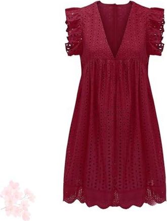 Generic Pickelect Robe barboteuse avec short, col en V, robe en dentelle de couleur unie, robe courte avec short intégré, rouge vin, XXL