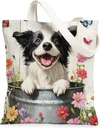 Generic Sac fourre-tout en toile motif chien border collie printanier 33 x 38,1 cm, joli sac &agrave; bandouli&egrave;re r&eacute;utilisable en bois de fleur rustique pour femme, 