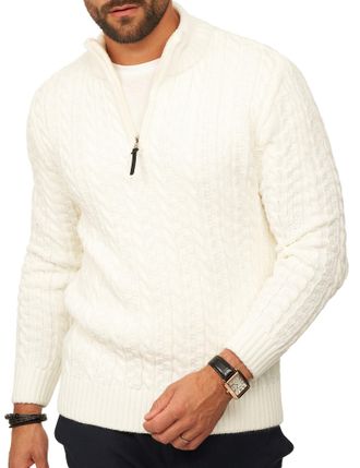 Behype. Herren Strickpullover als Troyer in Grobstrick mit Zopfmuster - Winterpullover im Regular-Fit mit Stehkragen - Warmer Half-Zip Pulli f&uuml;r M&auml;nner DC_881