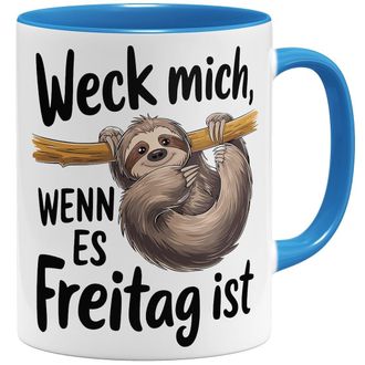 OM3 witzige Kaffee-Tasse mit Spruch - Faultier (Sloth) - Wecke mich auf, wenn es Freitag ist - Spruchtasse - Statement - Keramik Becher - 325ml - Beidseit