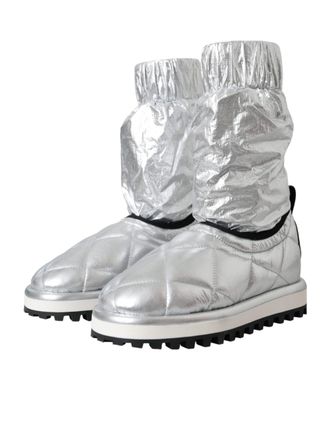 Dolce & Gabbana Womens Metallic Silver Quilted Logo Patch Boot Shoes Nylon Viscose