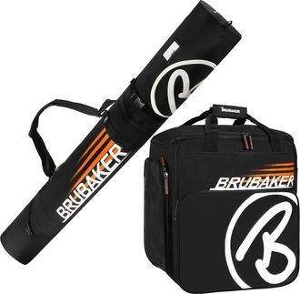 Brubaker Kombi Set Champion Skisack und Skischuhtasche für 1 Paar Ski bis 190 cm + Stöcke + Schuhe + Helm Schwarz Orange
