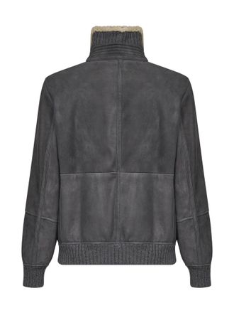 Brunello Cucinelli Mens Sheepskin Bomber Jacket Steel Grey Virgin Wool