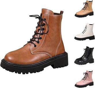 Generic Bottes de combat &agrave; plateforme pour femme avec fermeture &eacute;clair lat&eacute;rale &agrave; lacets, bottines &eacute;paisses &agrave; talon bas, semelle crant&eacute;e, bottes de moto confo