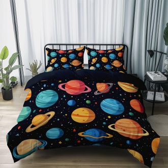 Generic Bedruckte Bettw&auml;sche Set 150 x 200 cm, Cartoon Planeten Und Satelliten Weiche Mikrofaser Bettbezug Sets mit 2 Kissenbezug, Dunkelblau atmungsaktiv Bet