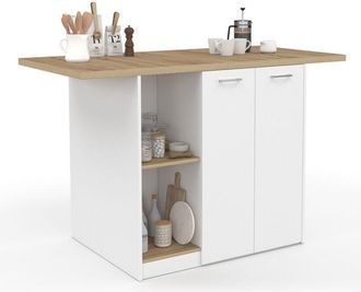 IDMarket Ilot central bao 140 cm 4 personnes bois blanc avec plan de travail fa&ccedil;on h&ecirc;tre