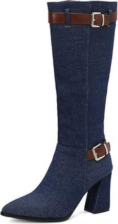 Generic Bottes montantes en denim &agrave; bout pointu et talon bloc pour femme avec sangle &agrave; boucle et fermeture &eacute;clair lat&eacute;rale, bleu fonc&eacute;, 38.5 EU