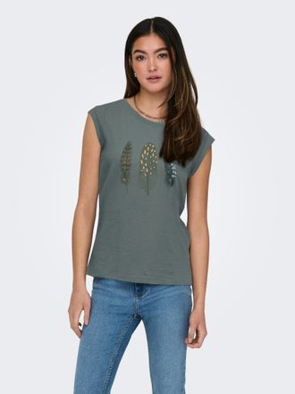 Only Kurzarmshirt ONLY FEEL/FEATHERS TOP BOX CS JRS, Damen, Gr. L, gr&uuml;n (balsam gr&uuml;n print:three feather), Jersey, Obermaterial: 100% Baumwolle, bedruckt, 