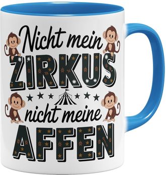 OM3 lustige Kaffee-Tasse mit Spruch - Nicht mein Zirkus nicht meine Affen - Zirkuszelt Äffchen - Statement Bürotasse IV - Keramik Becher - 325ml - Beidsei