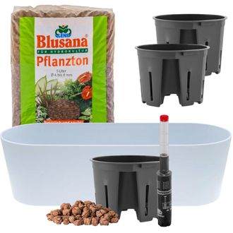 Leni Flori Jardiniere Blumentopf Sky/Pastell hellblau l&auml;nglich 36 cm Hydrokultur-Komplett-Set mit &Uuml;bertopf Hydro-T&ouml;pfen Wasserstandsanzeiger & Pflanzton