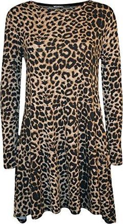 WearAll Flirty Wardrobe Robe trapèze à manches longues pour femme Uni Taille 44-54, Motif léopard Marron, 48/50/grande taille