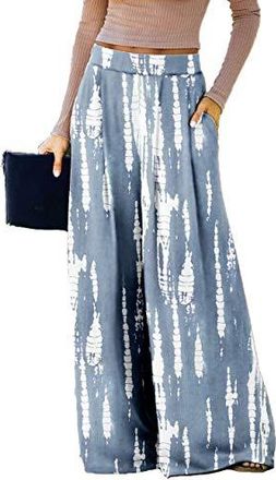 Minetom Femme Pantalon De Yoga Longue Jambe Large Pantalon D&eacute;contract&eacute; Taille Haute &Eacute;lastique Cordon Sport Pants Boho Plage Pyjama Pantalon Bleu M