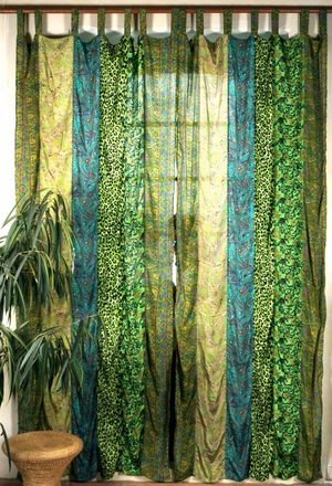 Guru Shop Boho Patchwork Vorhänge, 1 Paar Bohemia Gardine aus Sareestoff, Unikat 300 cm - Grün, Synthetisch