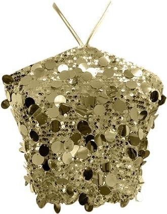 Generic D&eacute;bardeur de f&ecirc;te brillant tendance &agrave; paillettes pour femme - Caraco sans manches Y2K - Haut court d&eacute;t&eacute; scintillant avec strass - D&eacute;bardeur basique co