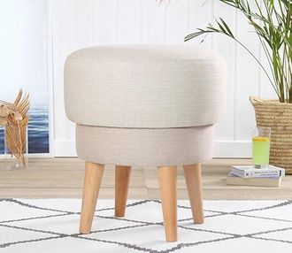 Atelier Del Sofa Elegant Cream Pouffe with 100% Linen Cover, 35 DNS Orthopedic Sponge (6 cm), Beechwood Legs, 51 cm Height, 47 cm Diameter | Perfect for Modern Living 