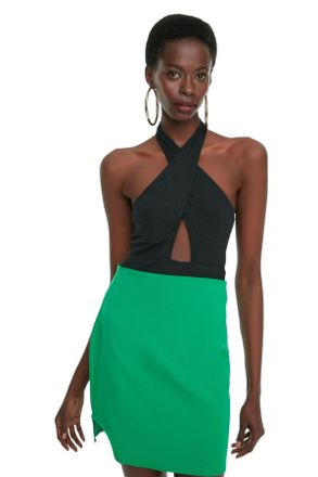 Trendyol Damen Trendyol Woman Fitted Standard Halterneck Woven Bodysuit Hemd, Schwarz, 36 EU