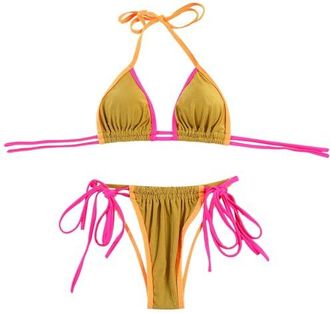 Generic Maillot de bain pour femme taille haute col en V dos nu triangle push-up rembourr&eacute; pour les vacances, dor&eacute;, M