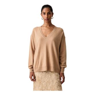 Ermanno Scervino Pull &agrave; col en V avec bordure en dentelle - Femme - Pulls - Brun - Taille: 38 FR