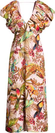 Farm Rio INTO THE JUNGLE PINK SLEEVELESS MIDI DRESS