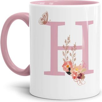 Tassendruck Buchstaben-Tasse mit Blumen - Buchstabe H - Innen & Henkel Rosa - Mug/Cup/Becher/Edel/Geschenk-Idee/Beste Qualit&auml;t - 25 Jahre Erfahrung