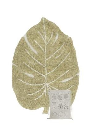Lorena Canals Tapis Lavable pour Enfants. Mini Monstera en Couleur Naturelle et Olive - Fait &agrave; la Main en Forme de Feuille et fabriqu&eacute; en Coton Naturel et en teintu