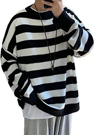 Minetom Pull Homme &Agrave; Manche Longue Tricots Top Pullover &Agrave; Rayures Col Rond Sweater Oversize Harajuku Pull Couple A Noir L
