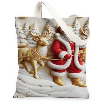 Generic Sac fourre-tout en toile avec motif renne de No&euml;l, motif P&egrave;re No&euml;l festif, l&eacute;ger, lavable, d&eacute;coration vintage, blanc, 13x15 Inch