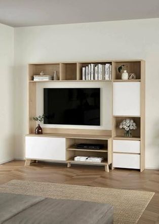 Dmora Fernsehschrank Nanette, St&auml;nder f&uuml;r Wohnzimmerfernseher, Niedriges Wohnzimmer-Sideboard, TV-St&auml;nderbasis, 209x48 h183 cm, Eiche und Wei&szlig;