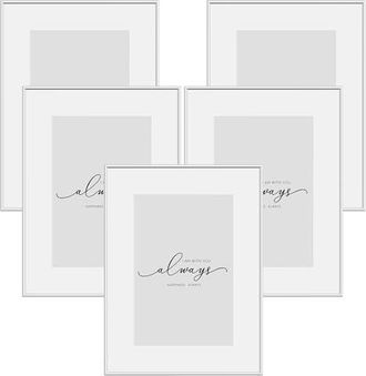 Woltu Cadre Photo A4 21x29,7cm en Aluminium Argenté, Lot de 5 Cadre Décoration Murales avec Passepartout, Mural et à Chevalet pour Montage Mural Vitrage en 