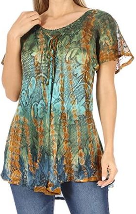 Sakkas 14783 - Dina Décontracté Sequin Sequin Tie Dye Broderie Cap Manches Blouse/Top - Vert - OS