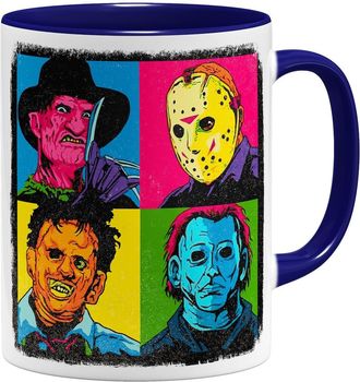 OM3 coole Kaffee-Tasse mit Pop-Art-Horror - Halloween Nightmare Serial Killers | Keramik Becher | 325ml | Beidseitig Bedruckt | Dunkelblau