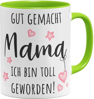 OM3 Gut gemacht Mama ich Bin toll geworden Tasse mit Spruch für Mamas, Mütter II | Keramik Becher | 11oz 325ml | Beidseitig Bedruckt | Hellblau