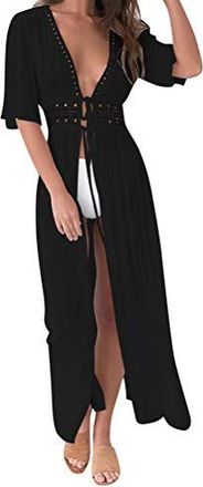 Minetom Femmes Mousseline de Soie Dentelle Longue Kimono Cardigan Boho Bikini Cover Up Maillot de Bain Maxi Robe de Plage Paréo B Noir L