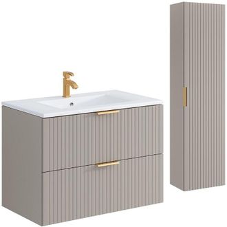 Vente-Unique Meuble de salle de bain suspendu stri&eacute; avec vasque &agrave; encastrer et colonne - Coloris beige - 80 cm - ZEVARA