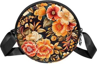 Generic Petit sac &agrave; bandouli&egrave;re rond pour femme, style ethnique, boh&egrave;me, floral, avec fermeture &eacute;clair, bretelles r&eacute;glables, sac &agrave; main rond d&eacute;contract&eacute; pour 