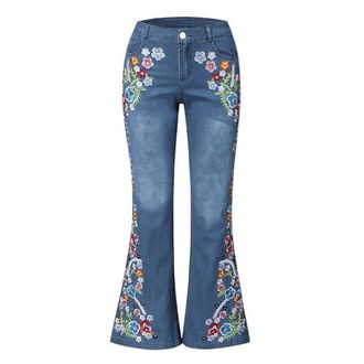Generic Pantalon &eacute;vas&eacute; pour femme avec fleurs - Pantalon en denim stretch skinny - &Eacute;l&eacute;gant - R&eacute;tro - Bootcut - Pantalon &eacute;vas&eacute; - Pantalon slim fit - D&eacute;contract