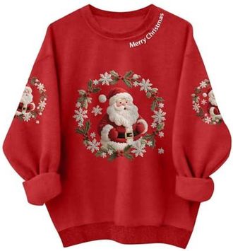 Generic Chandails rouges imprim&eacute;s de No&euml;l pour femmes, motif P&egrave;re No&euml;l mignon graphique surdimensionn&eacute;, coupe ample, col rond, pull dhiver d&eacute;contract&eacute;, tendan