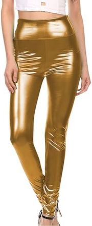 Generic Pantalon à paillettes argentées pour femme - Pantalon métallique pour femme - Pantalon skinny de couleur unie - Legging brillant taille haute - Pantal